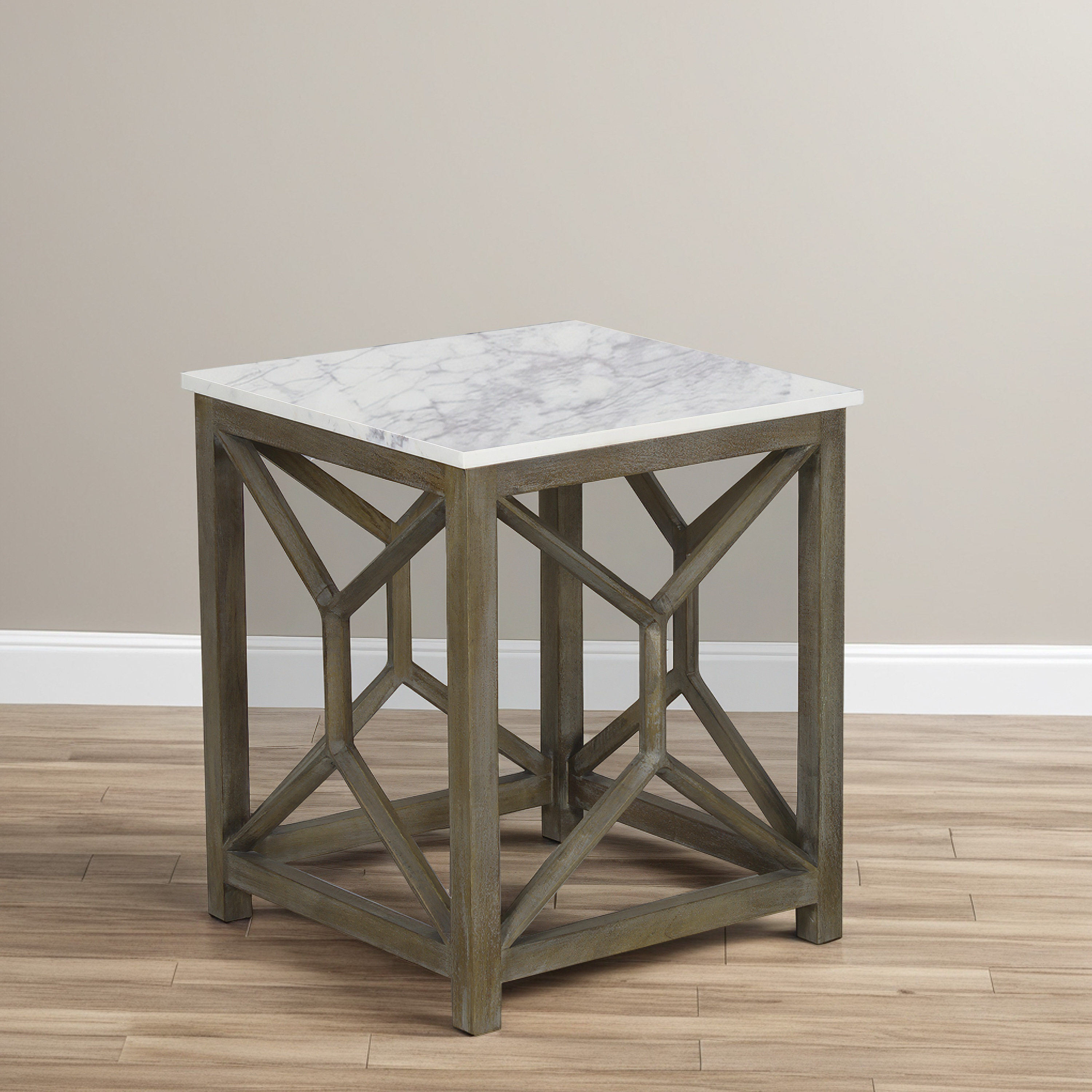 Gracie Oaks Karlotte 22" Mango Wood Side End Table, White Genuine Marble Top, Sandblasted Washed ...